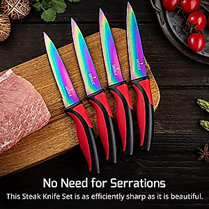 SiliSlick Stainless Steel Steak Knife Set - Titanium Coated Colorful Kitchen Knives with Straight Edge, Smooth & Sharp - Rainbow Iridescent Kitchen Gifts & Accessories