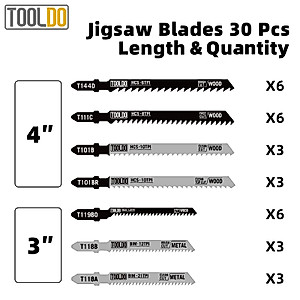 TOOLDO Jigsaw Blades Set 30 Piece, Assorted Professional Jig Saw Blades for T-Shank,Wood and Metal Cutting, Replacement Saw Blade for Dewalt, Bosch,Milwaukee, Makita,Ryobi and Rockwell Jig Saws