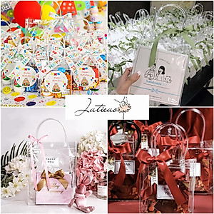 Jutieuo 16 Pack Clear Plastic Gift Bags with Handle, 6.3" x 5.9" x 2.76", Reusable Transparent PVC Gift Wrap Tote Bags with Ribbons for Wedding, Baby Shower, Birthday Party Favor Bags