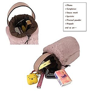 TANJUR Plush Cylinder Bucket Bag Women Vogue Handbag Faux Leather Top-Handle Tote Shoulder Bag (Pink)