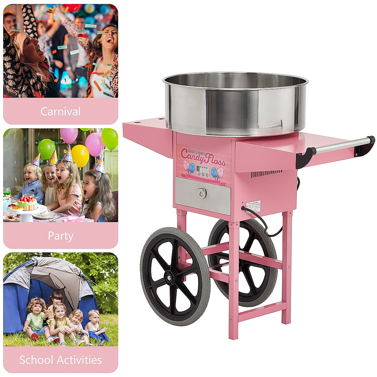 Garvee Extra Large Cotton Candy Cart -Commercial Cotton Candy Machine,Electric Cotton Candy Floss Maker with Drawer,20 inch Stainless Steel Bowl Perfect for Commercial Use Home Party Carnival,21x21x18