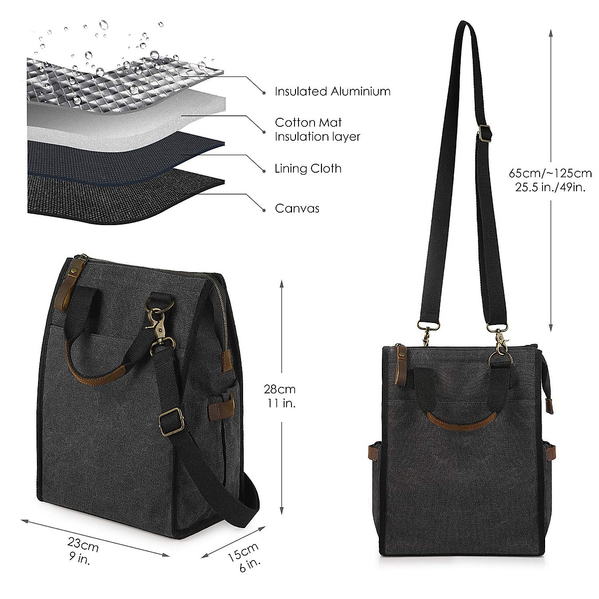 SMRITI Insulated Canvas Lunch Bag for Women/Men-9.6 L Reusable Leakproof Lunch Tote Bag for Work Picnic Beach - Fashion Lunchbox for Adults with Shoulder Strap(Dark Grey)