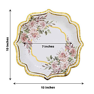 Tableclothsfactory 25 Pack | White/Gold Floral 10" Scallop Rim Dinner Party Paper Plates, Disposable Plates - 300 GSM