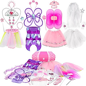 Jeowoqao Girls Dress Up Costume Set, Fairy and Mermaid Role Play Dress-up Trunk with Accessories 25pcs Little Girls Pretend Play Costume for Kids Age from 2-5