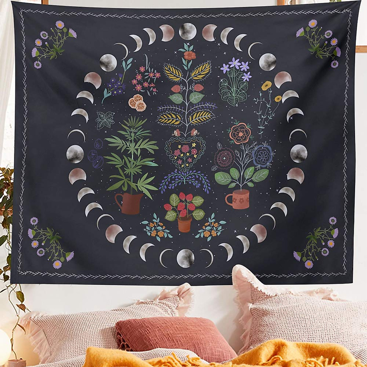 XGXL Botanical Moon Phase Tapestry - Floral Plants Boho Tapestry Wall Hanging Bohemian Mandala Wall Tapestry for Bedroom Aesthetic Home Dorm