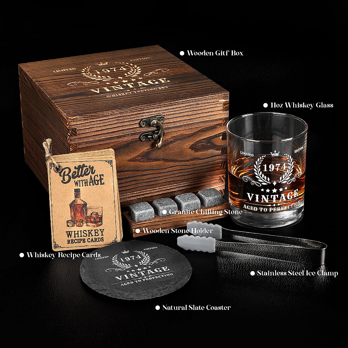 Pagather 50th Birthday Gifts for Men - Vintage 1974 Whiskey Glass Set, 50 Years Old Anniversary Ideas for Him, Dad, Husband, Include Wood Box, Recipe, Stones, Coaster, Stone Holder, Clamp