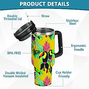 SDMKA 30oz Stainless Steel Tumbler with Straw and Handle, Vacuum Insulated Double-Walled Travel Mug, BPA-Free Leakproof Cup for Hot/Cold Beverages, Tropical Birds Palms