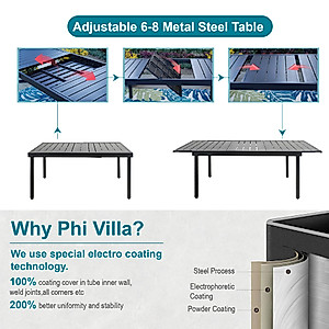PHI VILLA 9 Piece Patio Dining Set, Outdoor Dining Set with Patio Furniture Table Chairs Set, Adjustable Folding Patio Chairs & Extendable Metal Steel Table for Garden