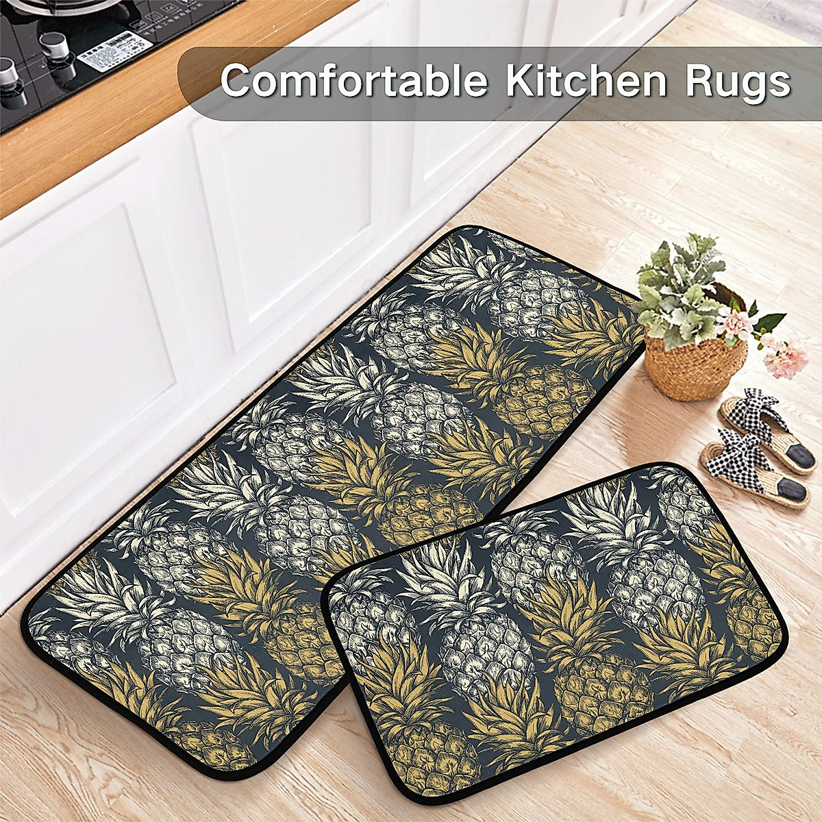 ALAZA Exotic Pineapple Kitchen Rug Set, 2 Piece Set, Non-Slip Floor Mat for Living Room Bedroom Dorm Home Decor, 19.7 x 27.6 Inch + 19.7 x 47.2 Inch