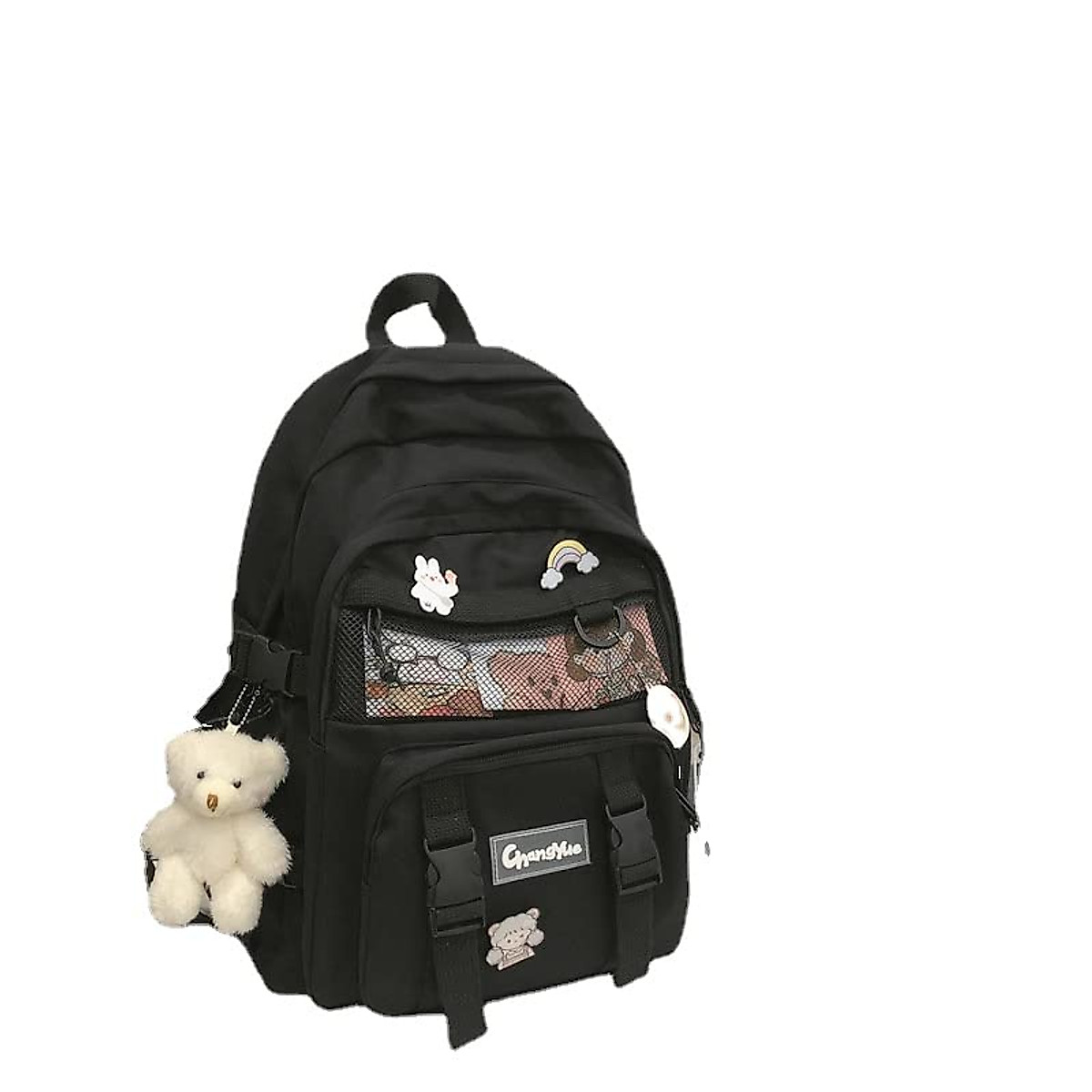 Aoakva Kawaii Solid Color Backpack Trendy Travel Bag with Cute Bear Pendant (Black pendant)