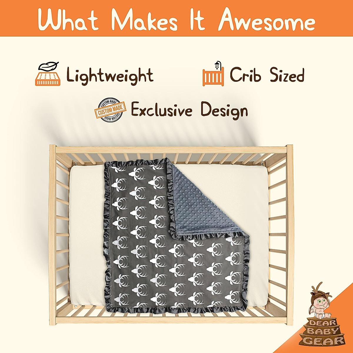 Dear Baby Gear Deluxe Double Layer Baby Blanket - Gender Neutral Infant Blankets for Girls & Boys - Nursery Blanket for Newborn - Faux Quilt Soft Toddler Blankets - Antlers Grey with Ruffles