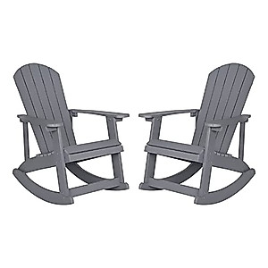 Flash Furniture Savannah Poly Resin Wood Adirondack Rocking Chair - All Weather Gray Polystyrene - Stainless Steel Hardware - Set of 2