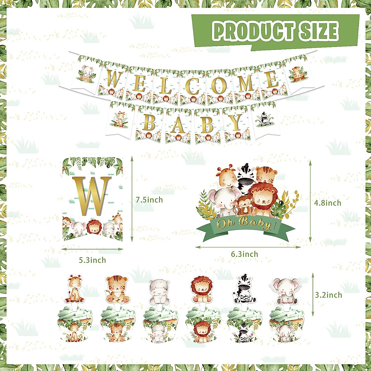 Safari Jungle Baby Shower Decorations, Jungle Animal Party Supplies Decor for Boy Girl Showers Birthdays with Banners Cake Topper Cupcake Topper Balloons Sash Corsage