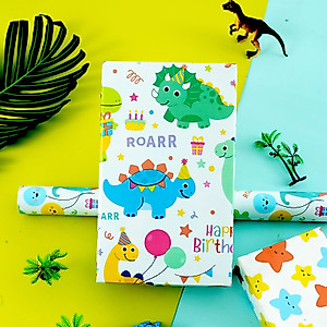 U'COVER Dinosaur Wrapping Paper Rolls Happy Birthday Gift Wrapping Paper Roll for Kids Boys Girls Baby Reversible Gift Wrap Dinosaur Star for Bday Party (DINOSAUR)