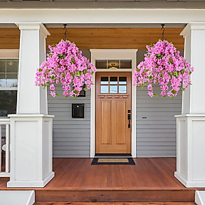 Homsunny Artificial Hanging Flowers Basket,4pcs Peach Blossom Silk Vine Flowers for Outdoor/Indoor,Ivy Basket Artificial Hanging Plant for Patio Lawn Garden Decor (Purple)