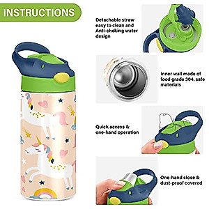 Unicorns Star Heart Kids Water Bottle, BPA-Free Vacuum Insulated Stainless Steel Water Bottle with Straw Lid Double Walled Leakproof Flask for Girls Boys Toddlers, 12Oz