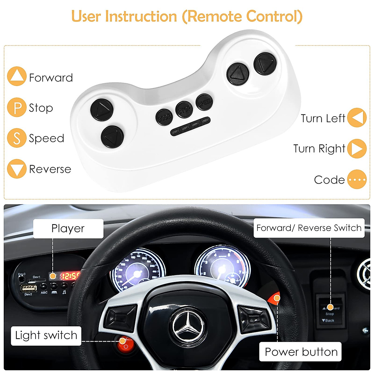 INFANS 12V Electric Kids Ride On Car, Licensed Mercedes Benz GLA45 Toy Car with Remote Control, MP3 Plug, USB, 2 Speeds, LED Lights, Battery Powered Toy Vehicle for Toddler Children (Black)