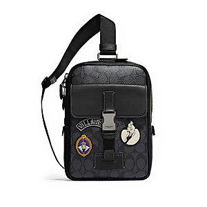 COACH Track Pack Fashion Backpack Daypack In Signature Canvas Leather (QB/Charcoal/Black Multi With Patches - Villains)
