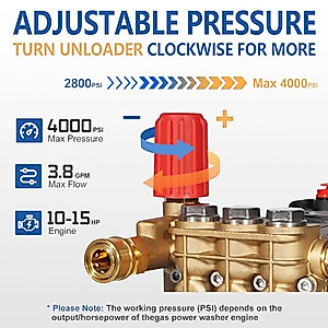 TOOLCY Pressure Washer Pump 3600-4000 PSI Max 4.4 GPM, 1 inch Shaft Horizontal Triplex Plunger Power Washer Pump Replacement, Direct Drive Pressure Pump with Unloader, 5 Nozzle Tips, M22-14mm Adapter