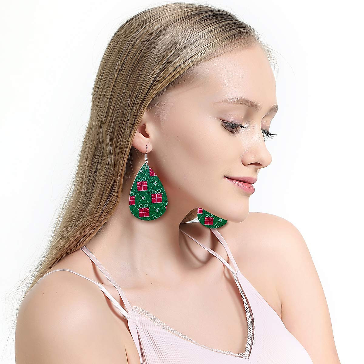 Christmas Faux Leather Earrings for Women Teardrop Dangle Earrings Plaid Petal Drop Earring Xmas Jewelry Accessory Gifts 16 Pairs