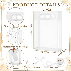 Aliceset 12 Pcs Clear Plastic Gift Bag with Die Cut Handles Reusable PP Favor Bag with Ribbon for Wedding Bridal Christmas Birthday Party Baby Shower Shopping Business, 7x10x3.15 Inch(White)