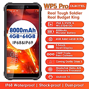 OUKITEL WP5 Pro Rugged Unlocked Smartphone, 5.5''HD+ Screen, 8000mAh Battery Rugged Cell Phone, 4GB+64GB Android, IP68 Waterproof 4G LTE Dual Cellphone, Face ID Fingerprint GPS
