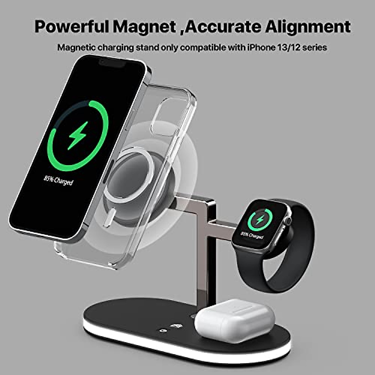 3 in 1 Aluminum Alloy Magnetic Wireless Charger for Magsafe Charger Stand GREENLEMON Fast Wireless Charging Station for iPhone 14 13/12 Series Apple Watch Airpods with LED Lamp 18W Adapter Black