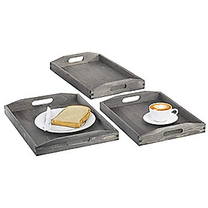 MyGift Vintage Gray Wood Serving Trays - Nesting Breakfast, Ottoman, Decorative Coffee Table Tray with Handles, 3-Piece Set