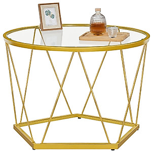 HOOBRO Coffee Table, Gold Glass Coffee Table for Living Room, 27.6" Round Coffee Table, 1 Layer Center Table, Metal Frame, Hexagonal Design, for Small Space, Reception Room, Apartment, Golden GD70KF01