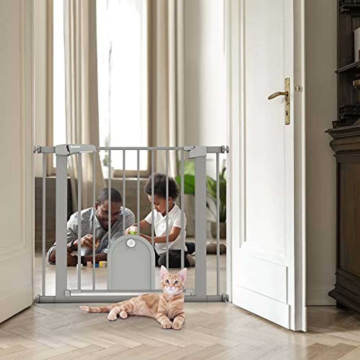 Babelio Auto Close Baby Gate with Small Cat Door, 29-43" Metal Cat Gate for Doorway, Stairs, House, Easy Walk Thru Dog Gate with pet Door, Includes 4 Wall Cups and 3 Extension Pieces, Gray