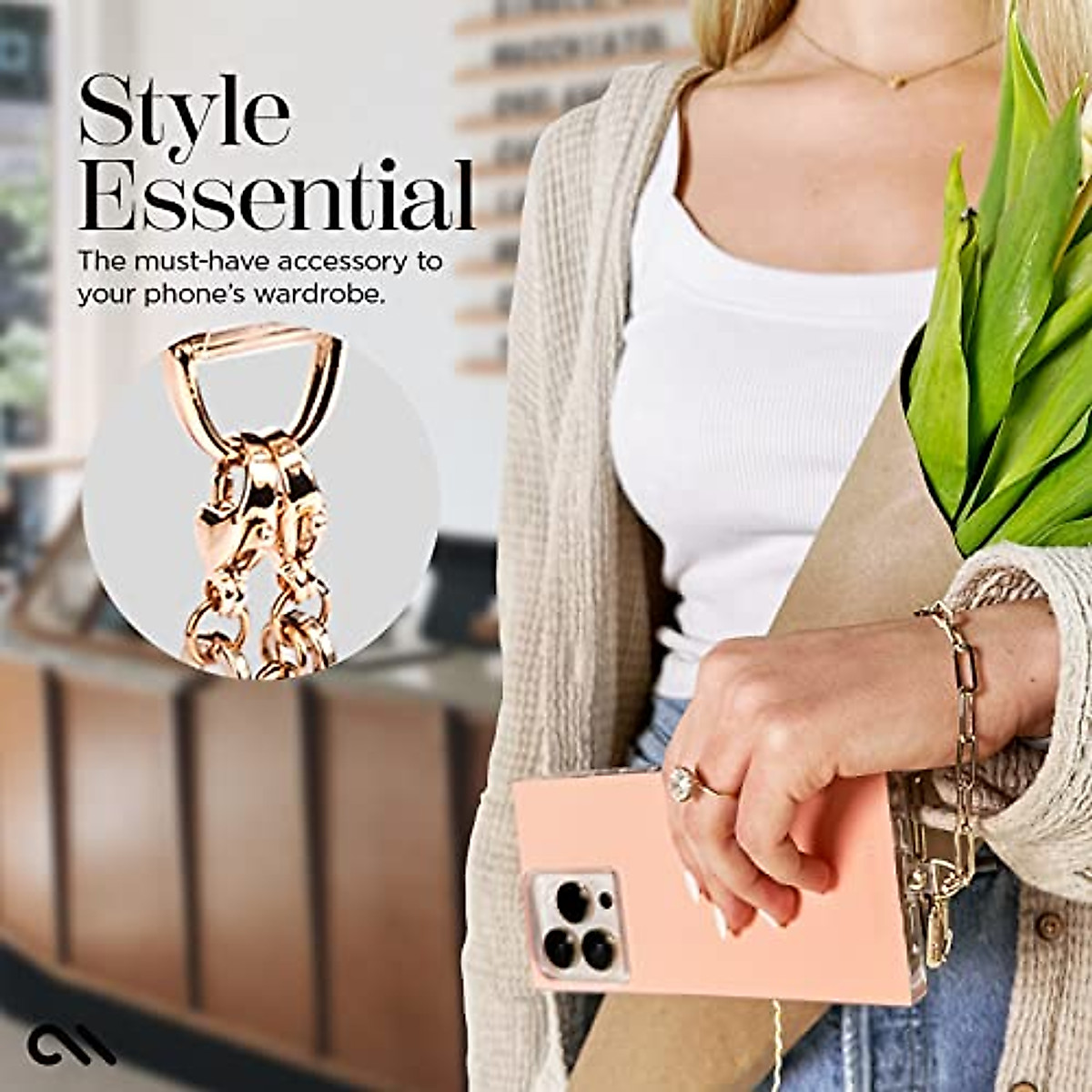 Case-Mate Phone Charm with Gold Metal Chain - Detachable Phone Lanyard, Hands-Free Wrist Strap, Adjustable Phone Strap Grip, Accessory for Women - iPhone 14 Pro Max/ 13 Pro Max/ 12 Pro Max/ 11 - Gold