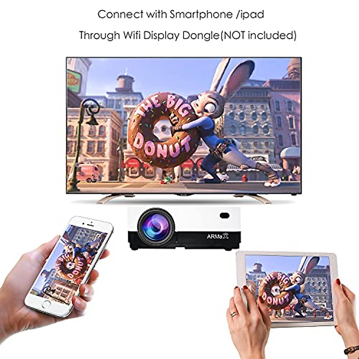 Video Projector, ARMAX Movie projector with Full HD 1080P & 170'' Display Supported,Protable Projector for Outdoor & Indoor with 40000 hrs LED Lamp Life,Compatible with TV Stick,HDMI,VGA,USB