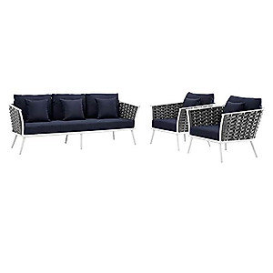 Modway EEI-3165-WHI-NAV-SET Stance Outdoor Patio Aluminum, Sofa and Two Armchairs, White Navy