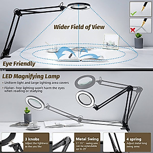 LANCOSC Magnifying Glass with Light and Stand, 5 Inches 5X Real Glass Lens, 3 Color Modes Stepless Dimmable LED Desk Lamp, Adjustable Arm Lighted Magnifier Light for Reading Repair Crafts Close Work