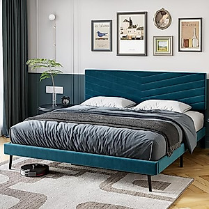 Homhougo Queen Size Bed Frame with Adjustable Headboard, Velvet Upholstered Platform Bed with Solid Wood Slats Support, No Box Spring Needed, Noise-Free, Green