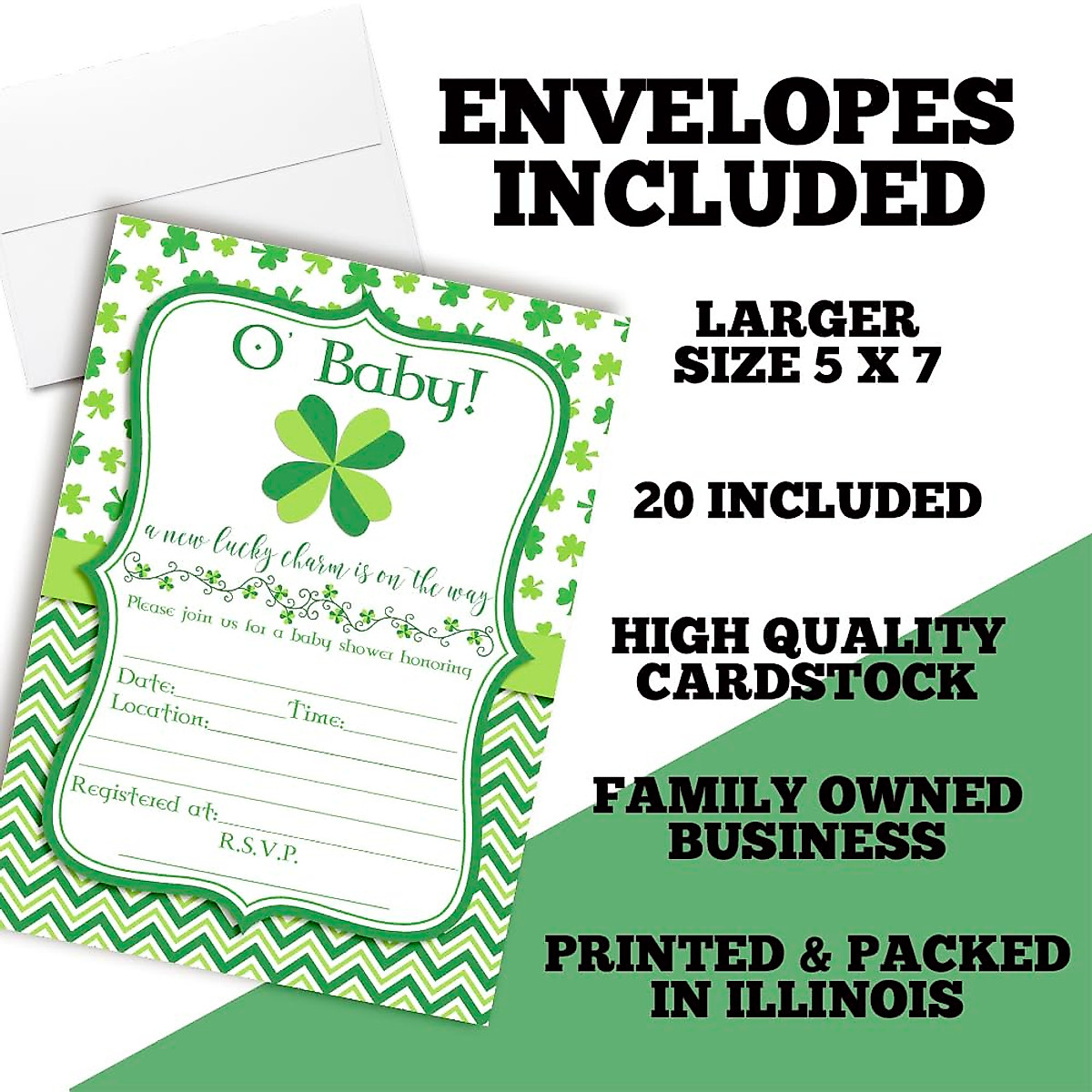 Amanda Creation O' Baby St. Patrick's Day Baby Shower Fill In Invitations set of 20 with envelopes