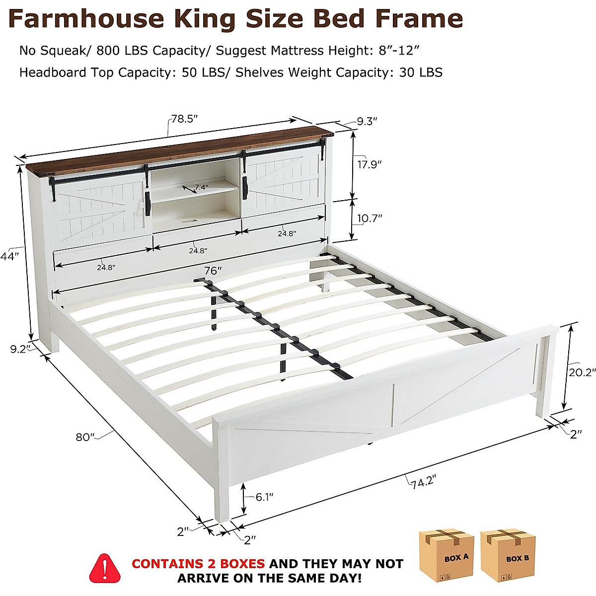 T4TREAM Farmhouse King Size Bed Frame w/Storage Bookcase Headboard, Sliding Barn Door, Charging Station, Rustic Wood Platform Bed w/Wood Slats Support, No Box Spring Needed, Antique White