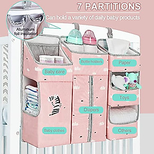 NGORAY Hanging Baby Diaper Caddy Organizers for Crib - 3-in-1 Diaper Stacker for Changing Table Nursery Organization Storage Holder for Baby Essentials Attachment Portable Combining Clothing (Pink)