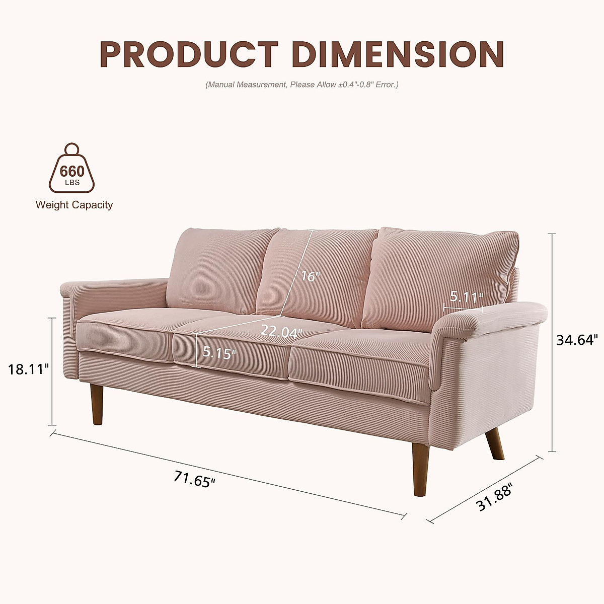 ovios Modern Corduroy Couch with Cloud Cushion,Comfy 3 Seater Sofa with Deep Seat,Comfortable Small Sofas for Small Space Living Room Bedroom Office Apartment (Pink)