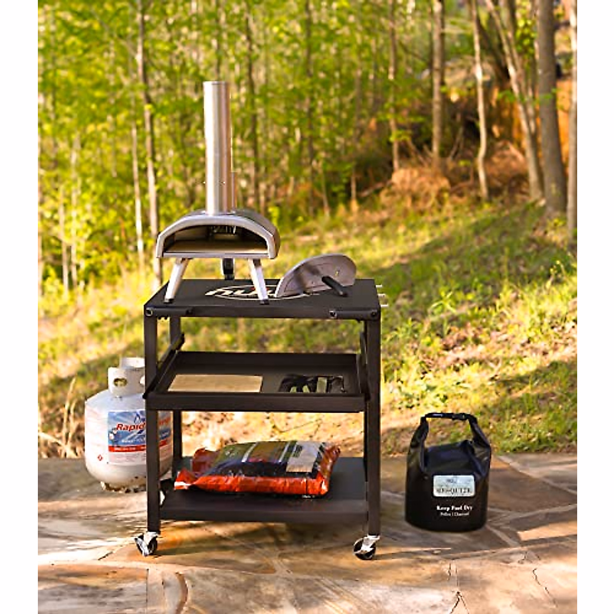 NUUK Three-Shelf Heavy Duty Rolling Outdoor Pizza Oven Table, 24" x 30" Steel Commercial Multifunctional Food Prep Worktable with Drawer on Wheels