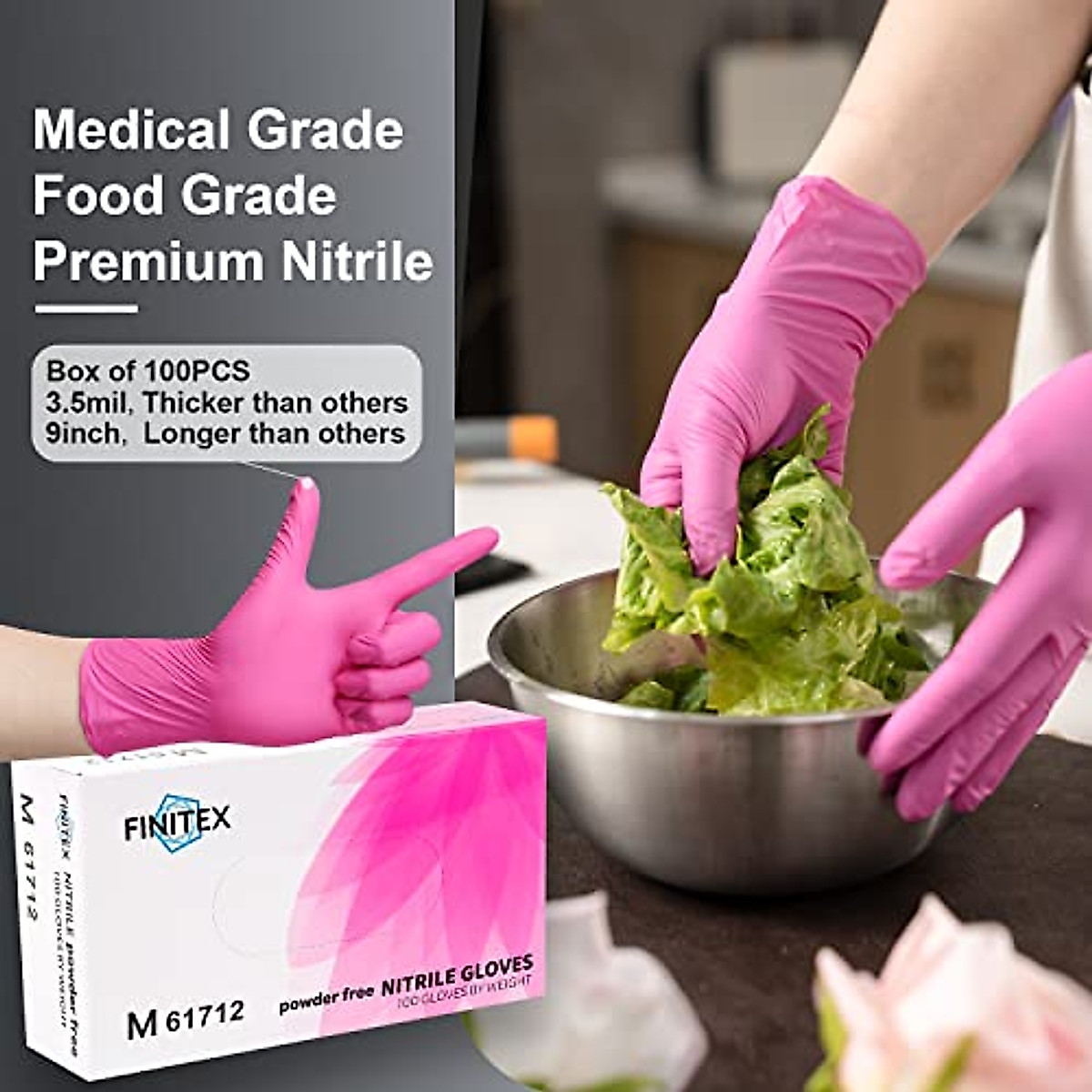 FINITEX Pink Nitrile Disposable Latex Free Gloves - 3.5mil 100PCS/Box 9inch Long Latex Free Gloves Guantes de Nitrilo Cleaning Medical Exam Food Cooking Gloves (100, Medium)