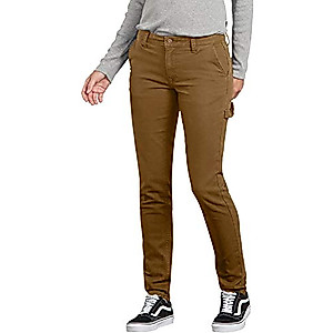 Dickies Women's Slim Straight Stretch Carpenter Pant, Rinsed Brown Duck, 2