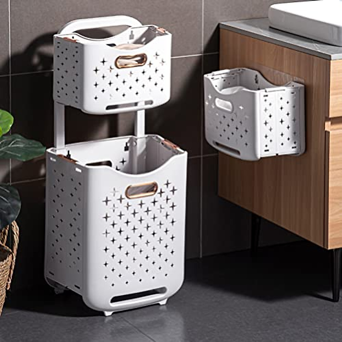 Cabilock Laundry Hamper Laundry Laundry Collapsible Laundry Baskets Double Layer Laundry Basket Bathroom Clothes Storage Basket Storage Shelf Kitchen Shelf Fruit Stand with Wheel for Home Hamper
