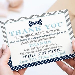 Paper Clever Party Bow Tie Baby Shower Thank You Cards with Envelopes Blank Notes Prefilled Message Boys Personalize for Registry Gifts Blue and Grey Notecard Set 4x6, 15 Pack Printed