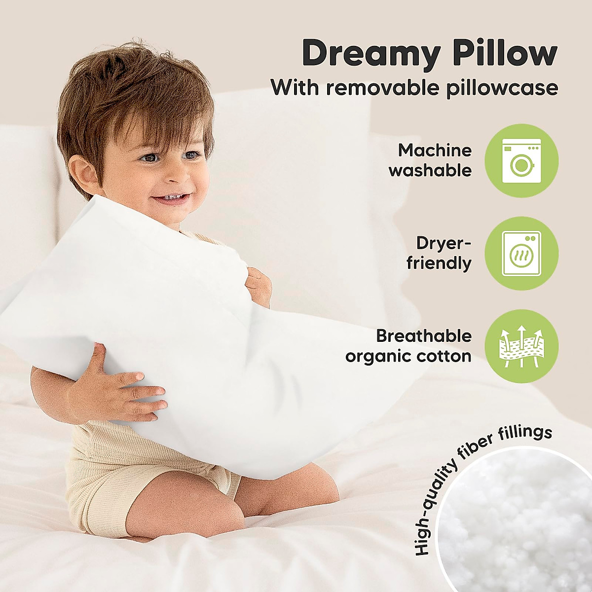 Toddler Pillow with Pillowcase - 13x18 My Little Dreamy Pillow, Organic Cotton Toddler Pillows for Sleeping, Kids Pillow, Travel Pillows, Mini Pillow, Nursery Pillow, Toddler Bed Pillow (Soft White)