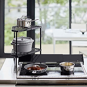 YAMAZAKI Home Kitchen Range Stove Top Rack Two Tier Corner Riser-Pot Holder Frying Pan Rest | Steel, One Size, Black
