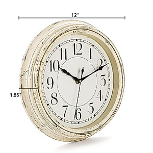 Peohud Silent Wall Clock, 12 Inch Vintage Non Ticking Quartz Battery Operated Round Clock, Rustic Wall Clock for Living Room Kitchen Home Office Classroom School, Creamy White