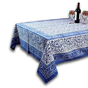 Homestead Rajasthan Block Print Cotton Tablecloth 90" x 60" Blue