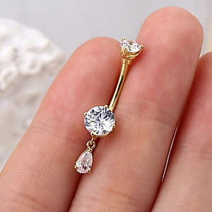 CM Crareesi Mania 10K Solid Gold Belly Button Ring Dangle 10K Yellow Gold Belly Rings 14G Navel Piercing Jewelry Teardrop Belly Bars