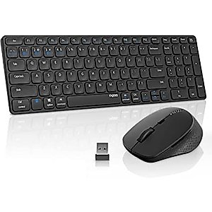 RAPOO 9550M Multi Device(Bluetooth 3.0/5.0/2.4G) Wireless Keyboard and Optical Mouse Combo, Easy-Connect Up to 4 Devices, Extremely Thin Keyboard and High-Precision Sensor Multi-Functional Mouse